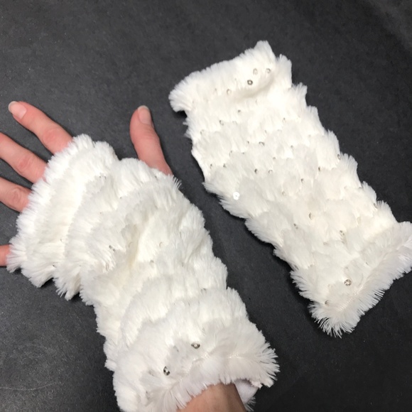 Hand Crafted | Accessories | White Fuzzy Hand Warmers Sequin Fur Wrist ...